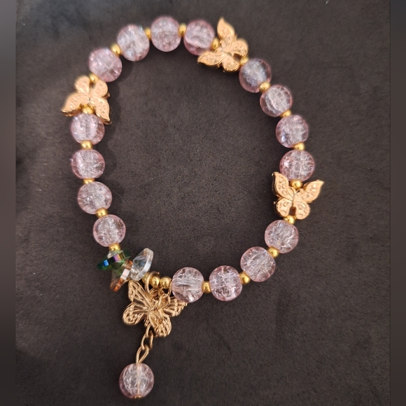 Jewelry | Pink And Gold Beaded Butterfly Stretch Bracelet | Poshmark